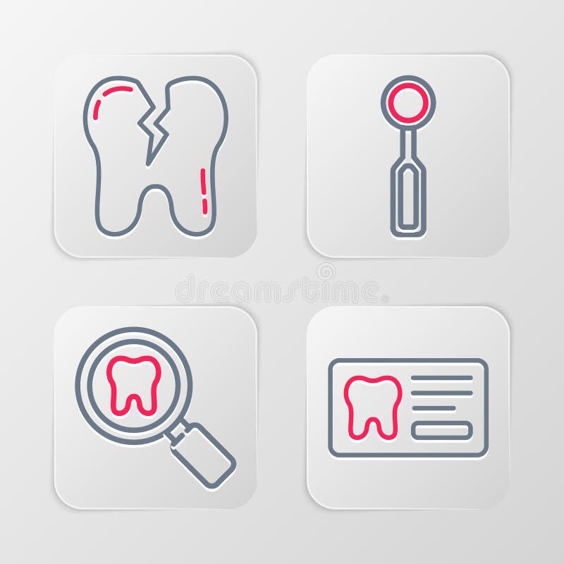 Set Line Dental Card, Search, Inspection Mirror and Broken Tooth Icon ...