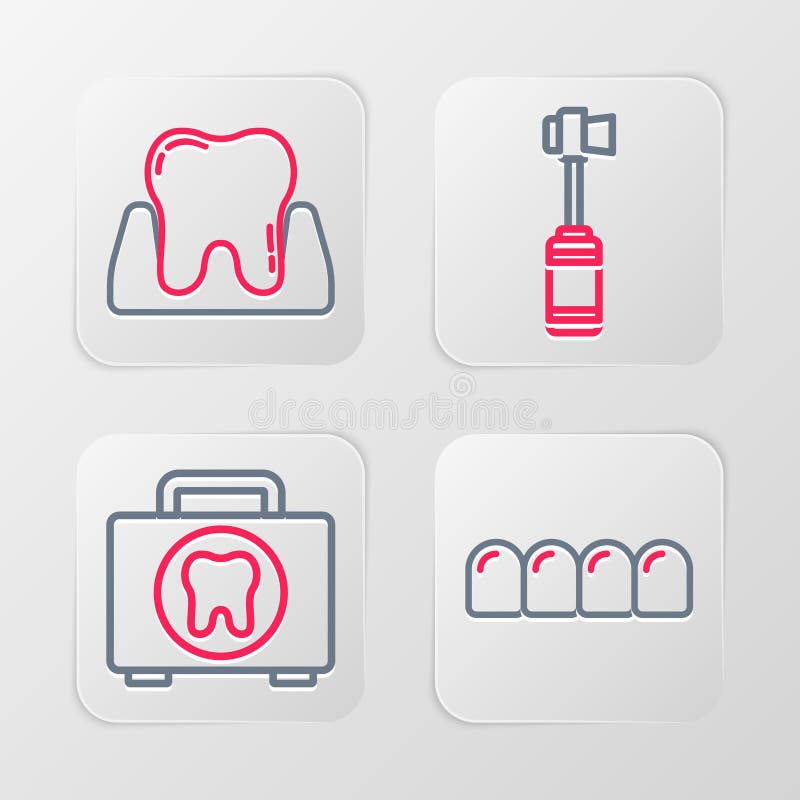 Set Line Dentures Model, First Aid Kit, Toothbrush and Icon. Vector ...