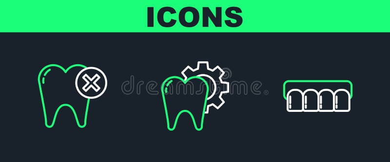 Set Line Dentures Model, Tooth with Caries and Treatment Procedure Icon ...