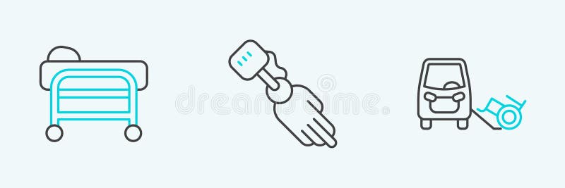 Set Line Disabled Car, Stretcher and Prosthesis Hand Icon. Vector Stock ...
