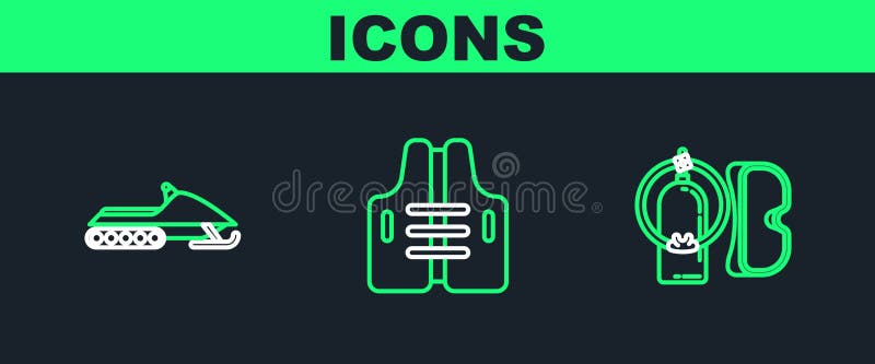 Set Line Diving Mask and Aqualung, Snowmobile and Life Jacket Icon ...