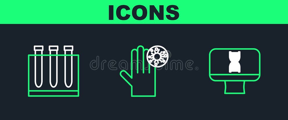 Set Line DNA Spiral and Computer, Blood Test Virus and Hand with Icon ...
