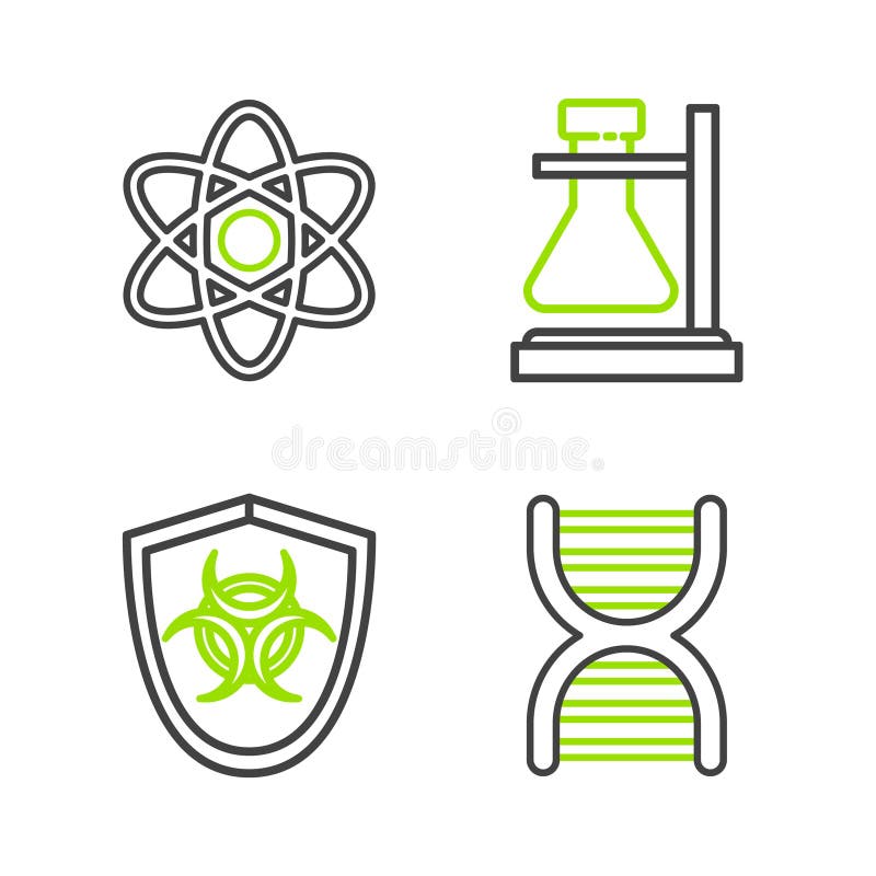 Set Line DNA Symbol, Biohazard on Shield, Test Tube Flask Stand and ...