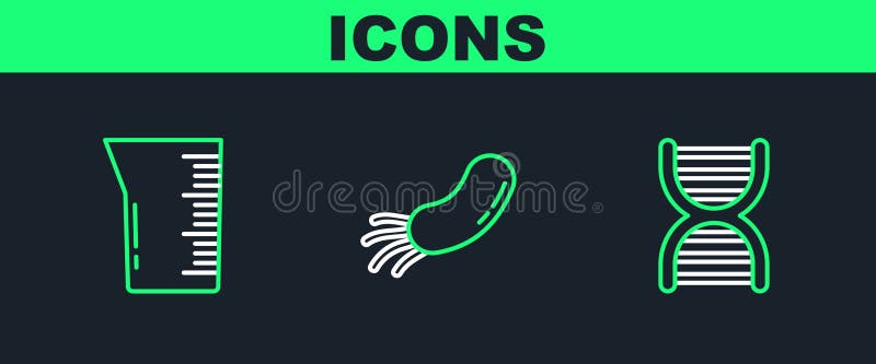 Set Line DNA Symbol, Laboratory Glassware or Beaker and Bacteria Icon ...