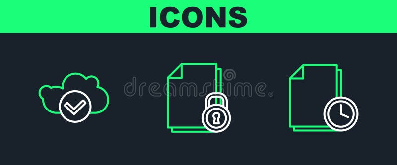 Set Line Document with Clock, Cloud Check Mark and and Icon. Vector ... Set Line Document with Clock, Cloud Check Mark and and Icon. Vector ...