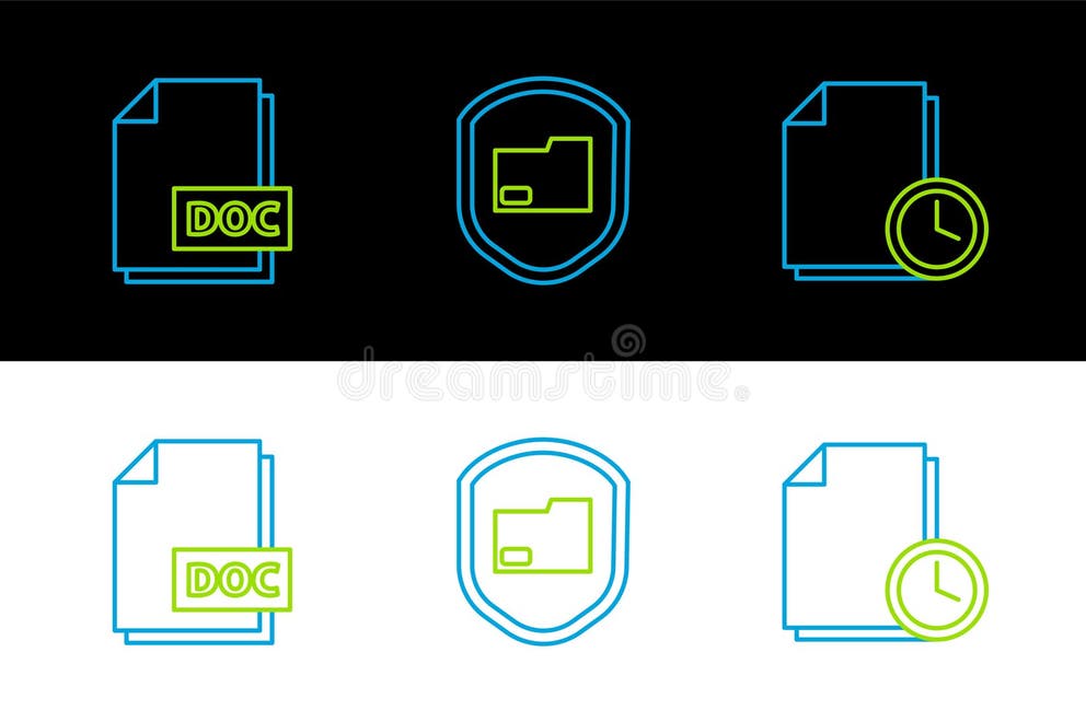 Set Line Document with Clock, DOC File Document and Folder Protection Icon. Vector Stock Vector ...