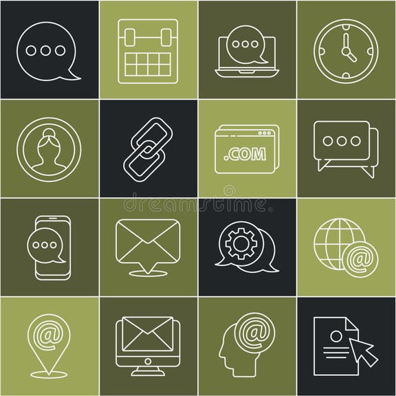 Set Line Document and Cursor, Earth Globe with Mail, Speech Bubble Chat ...