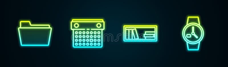 Set Line Document Folder, Calendar, Shelf with Books and Wrist Watch ...