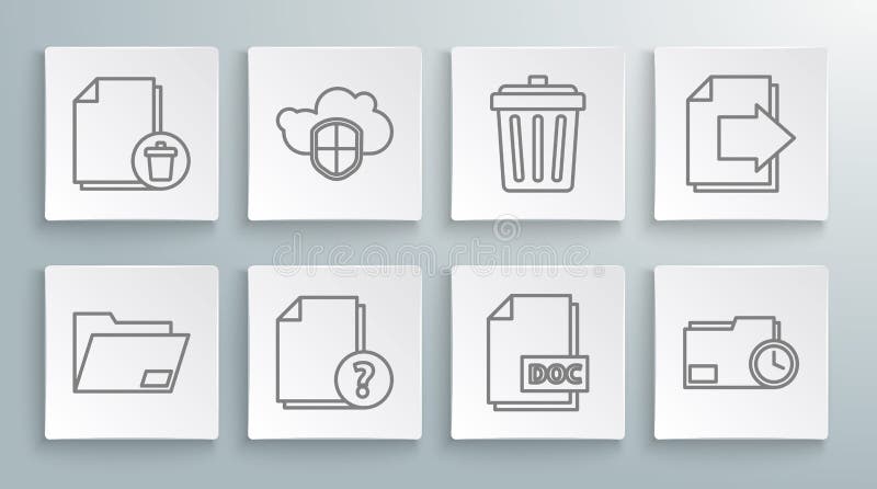 Set Line Document Folder, Cloud and Shield, Unknown Document, DOC File ... Set Line Document Folder, Cloud and Shield, Unknown Document, DOC File ...
