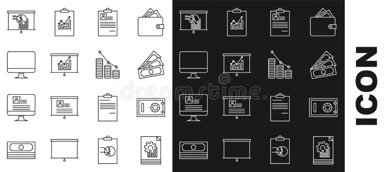 Set Line Document with Graph Chart, Safe, Stacks Paper Money Cash ... Set Line Document with Graph Chart, Safe, Stacks Paper Money Cash ...