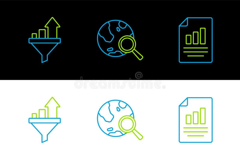 Set Line Document with Graph Chart, Sales Funnel and Search Globe Icon ... Set Line Document with Graph Chart, Sales Funnel and Search Globe Icon ...