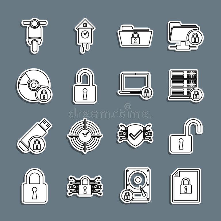 Set Line Document and Lock, Open Padlock, Server Security with, Folder ...
