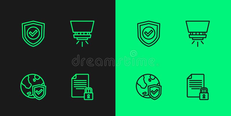 Set Line Document and Lock, Shield with World Globe, Check Mark and ...