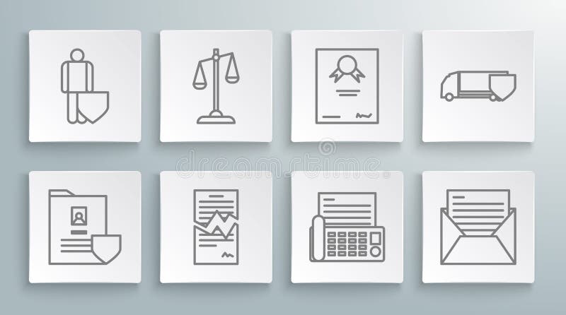 Set Line Document with Shield, Scales of Justice, Torn Contract, Fax ... Set Line Document with Shield, Scales of Justice, Torn Contract, Fax ...
