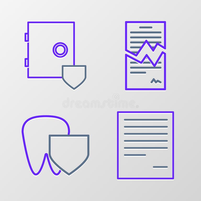 Set Line Document, Tooth with Shield, Torn Contract and Safe Icon ...