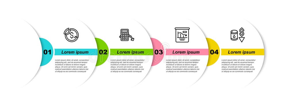 Set Line Dollar Rate Decrease, Calculation of Expenses, Pie Chart Infographic and Drop Crude Oil ...