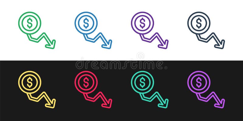 Set Line Dollar Rate Decrease Icon Isolated on Black and White Background. Cost Reduction Stock ...