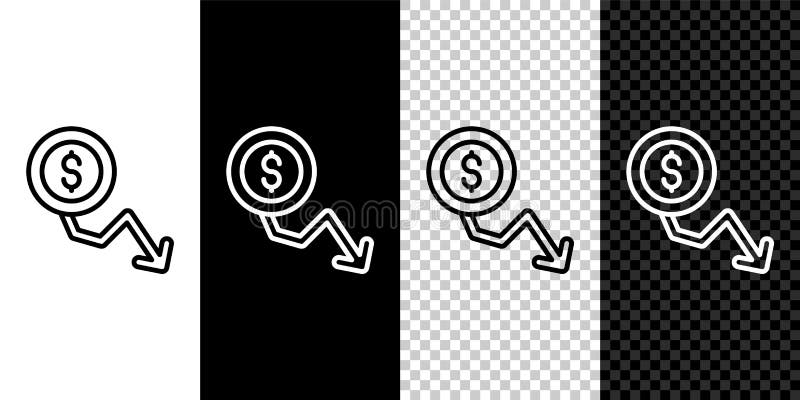 Set Line Dollar Rate Decrease Icon Isolated on Black and White, Transparent Background. Cost ...