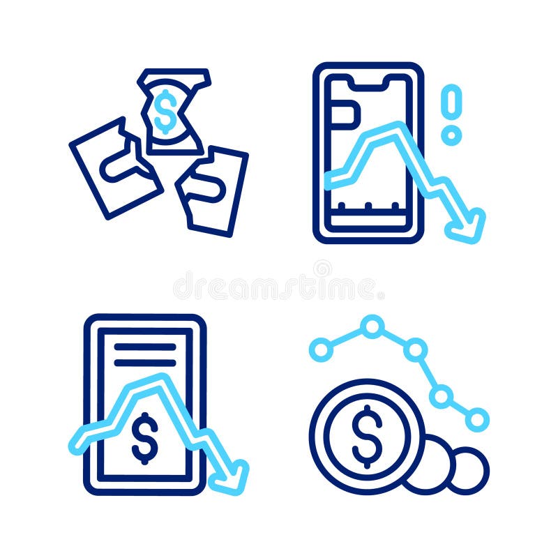 Set Line Dollar Rate Decrease, Mobile Stock Trading, and Tearing Money Banknote Icon. Vector ...