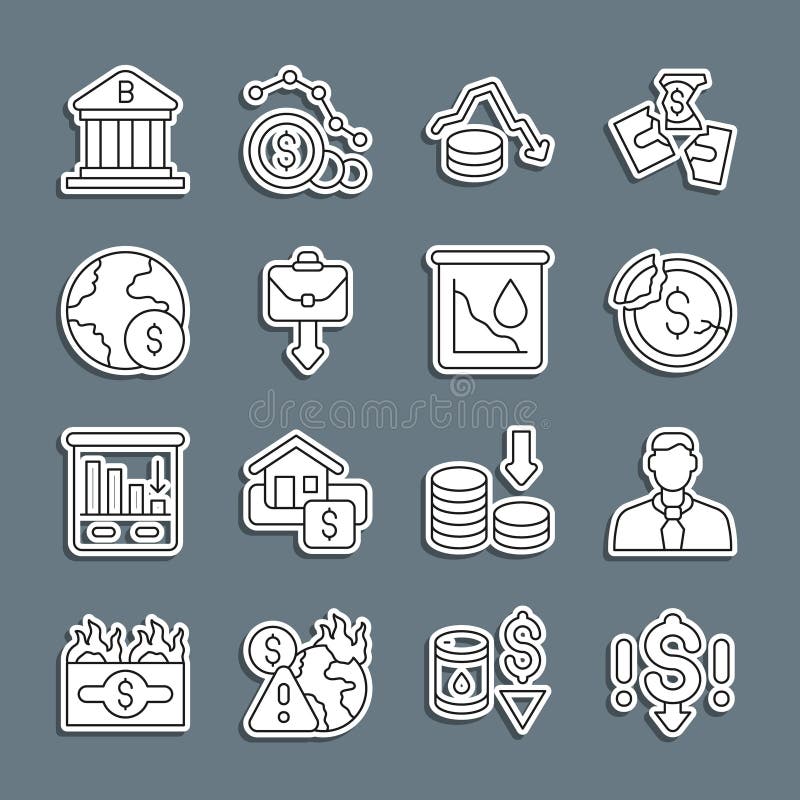 Set Line Dollar Rate Decrease, Worker, Briefcase, Global Economic Crisis, Bank Building and Drop ...