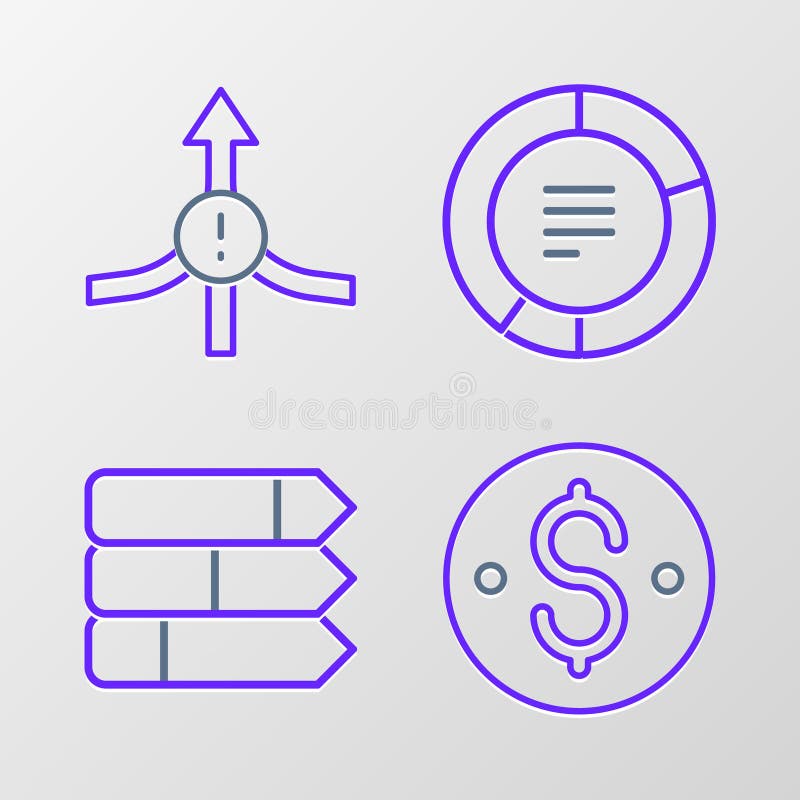 Set Line Dollar Symbol, Pie Chart Infographic, and Arrow Icon. Vector ...