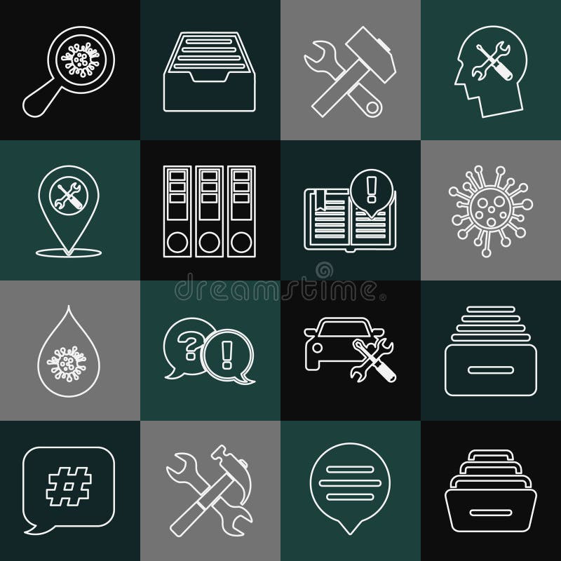 Set Line Drawer with Documents, Bacteria, Crossed Hammer and Wrench ... Set Line Drawer with Documents, Bacteria, Crossed Hammer and Wrench ...
