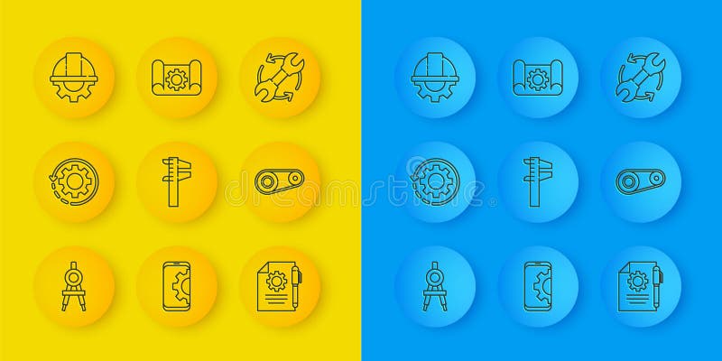 Set Line Drawing Compass, Gear and Arrows Workflow, Calliper Caliper ...