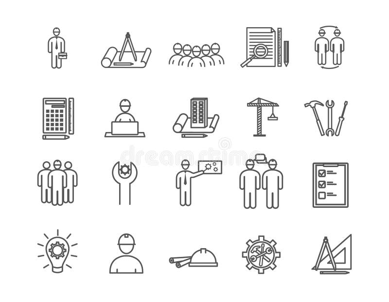 Set of Line Drawing Engineering Icons Stock Vector - Illustration of ...