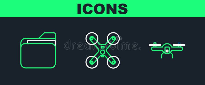 Set Line Drone Flying, Document Folder and Icon. Vector Stock ...