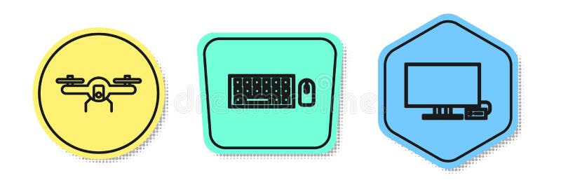 Set Line Drone Flying, Keyboard and Mouse and Smart Tv. Colored Shapes ... Set Line Drone Flying, Keyboard and Mouse and Smart Tv. Colored Shapes ...