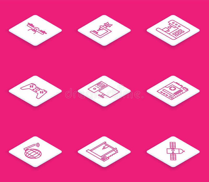 Set Line Drone Flying, Microscope, Coffee Machine, Gamepad, Computer ...