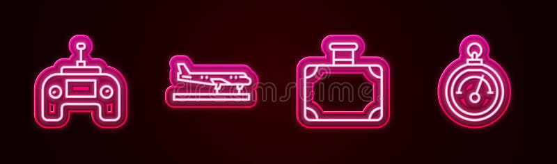 Set Line Drone Remote Control, Plane, Suitcase and Barometer. Glowing ...