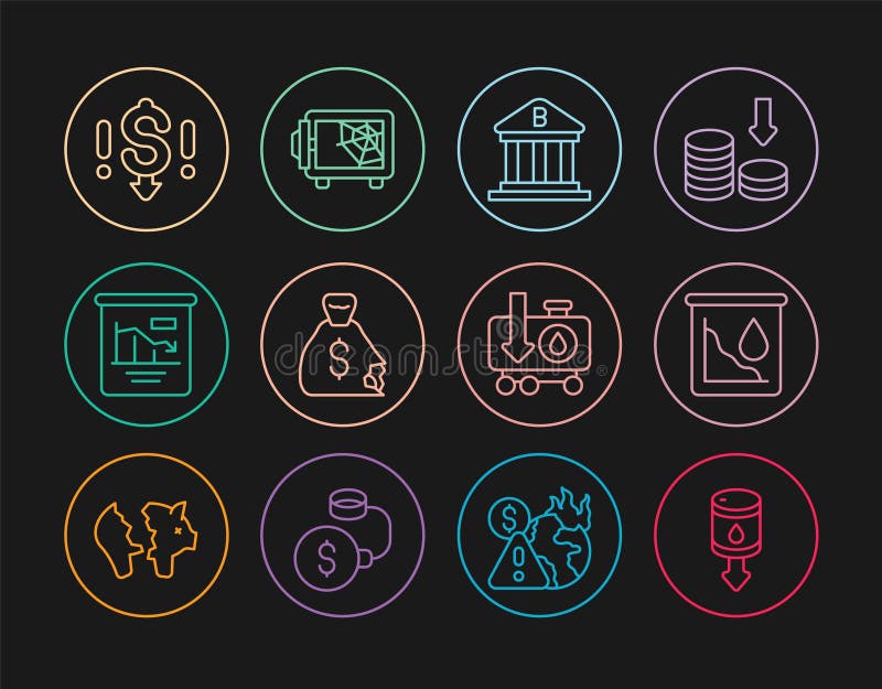Set Line Drop in Crude Oil Price, Bank Building, Money Bag, Pie Chart Infographic, Dollar Rate ...