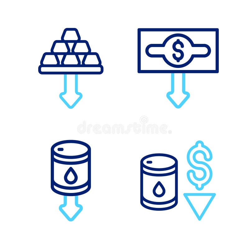 Set Line Drop in Crude Oil Price, Dollar Rate Decrease and Gold Bars Icon. Vector Stock ...