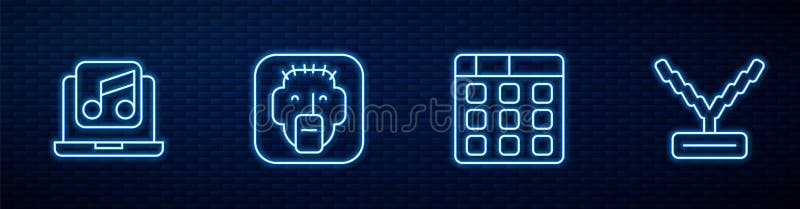 Set Line Drum Machine Music, Laptop with, Rapper and Chain. Glowing ...