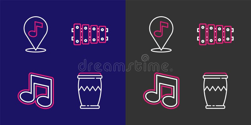 Set Line Drum, Music Note, Tone, Xylophone and Location Musical Icon ...