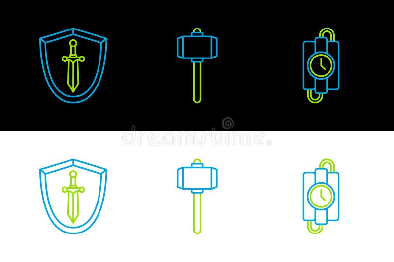 Set Line Dynamite Stick and Timer Clock, Medieval Shield with Sword and ...