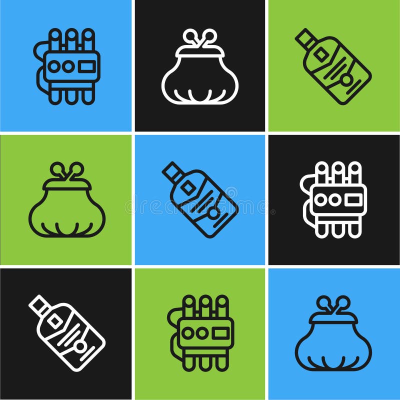 Set Line Dynamite and Timer Clock, Whiskey Bottle and Wallet Icon ...