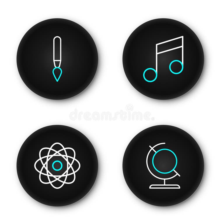Set Line Earth Globe, Atom, Music Note, Tone and Paint Brush Icon ...