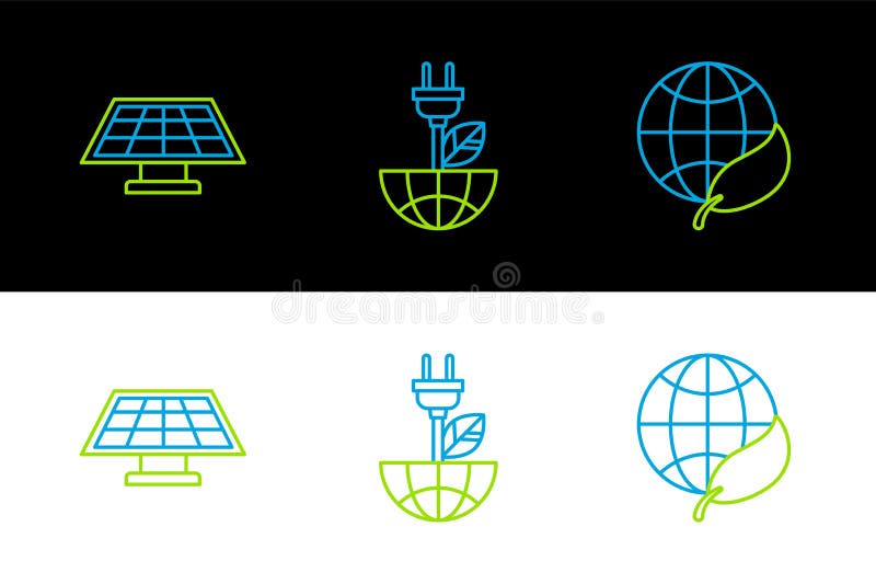 Set Line Earth Globe and Leaf, Solar Energy Panel and Electric Saving ...
