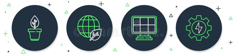 Set Line Earth Globe and Leaf, Solar Energy Panel, Plant in Pot and ...