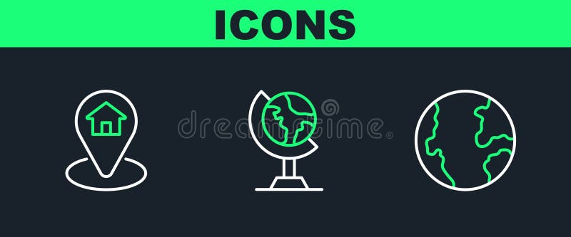Set Line Earth Globe, Location with House and Icon. Vector Stock ...