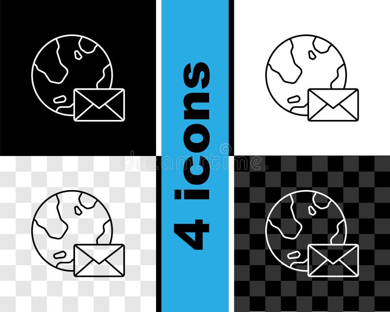 Set Line Earth Globe with Mail and E-mail Icon Isolated on Black and ...