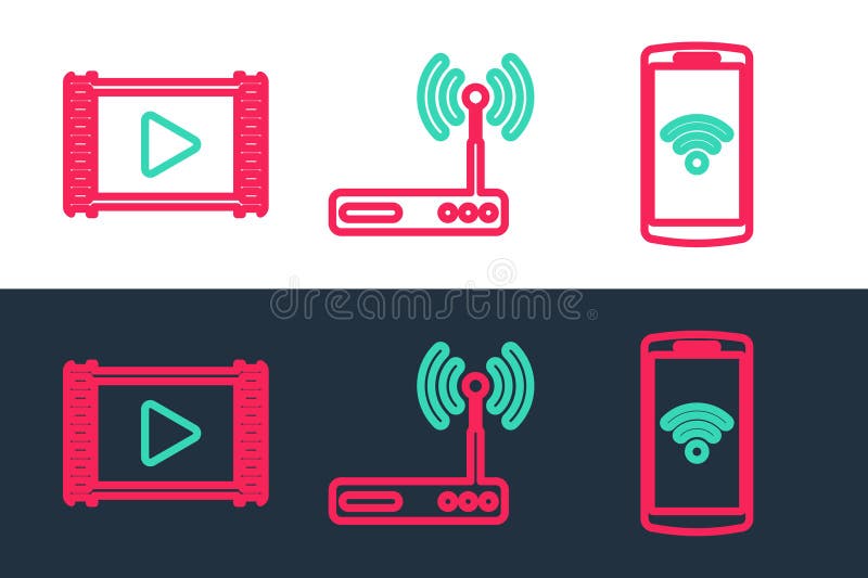 Set Line Earth Globe, Movie Clapper and Router and Wi-fi Icon. Vector ...