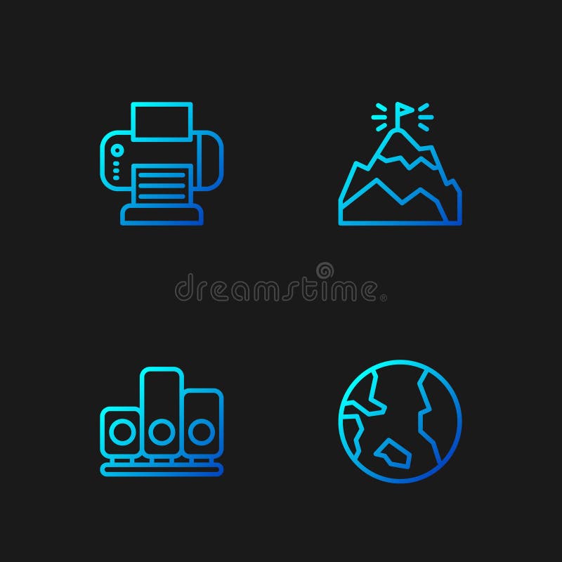 Set Line Earth Globe, Ranking Star, Printer and Mountains with Flag ... Set Line Earth Globe, Ranking Star, Printer and Mountains with Flag ...