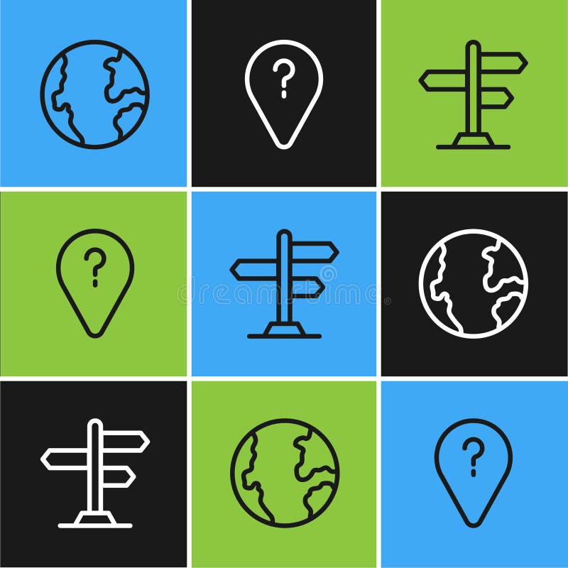 Set Line Earth Globe, Road Traffic Sign and Unknown Route Point Icon ...