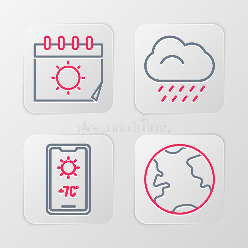 Set Line Earth Globe, Weather Forecast, Cloud with Rain and Calendar ...