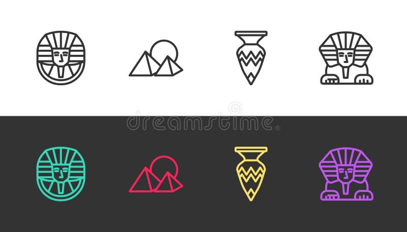 Set Line Egyptian Pharaoh, Pyramids, Vase and Sphinx on Black and White ...