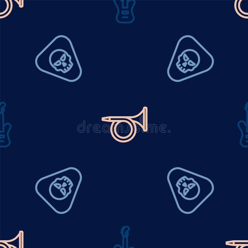 Set Line Electric Bass Guitar, Guitar Pick and Trumpet on Seamless ...