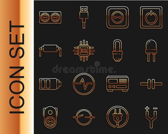 Set Line Electric Cable, Circuit Scheme, Light Emitting Diode, Electrical Outlet, Processor with ...